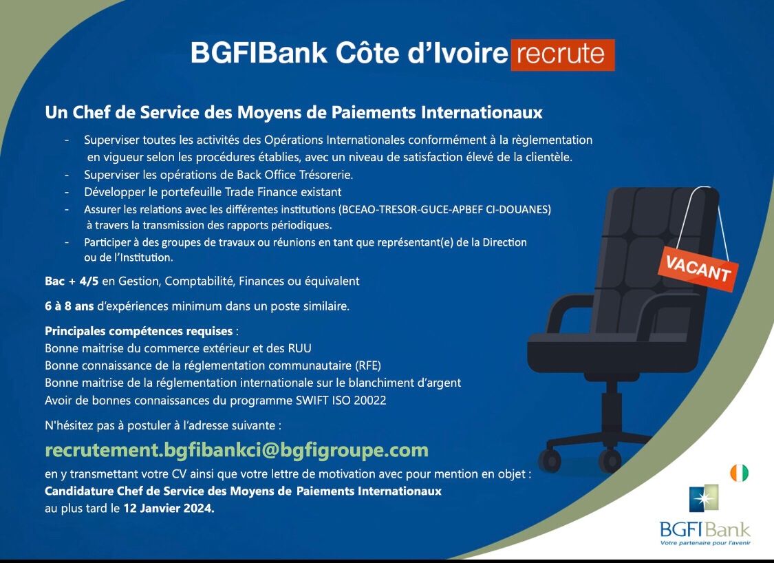 La BGFIBank recrute pour ces 03 postes (09 Janvier 2024) - YOP L-FRII