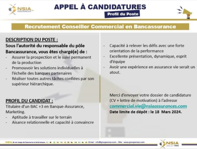 NSIA Assurances recrute pour ce poste (07 Mars 2024) - YOP L-FRII