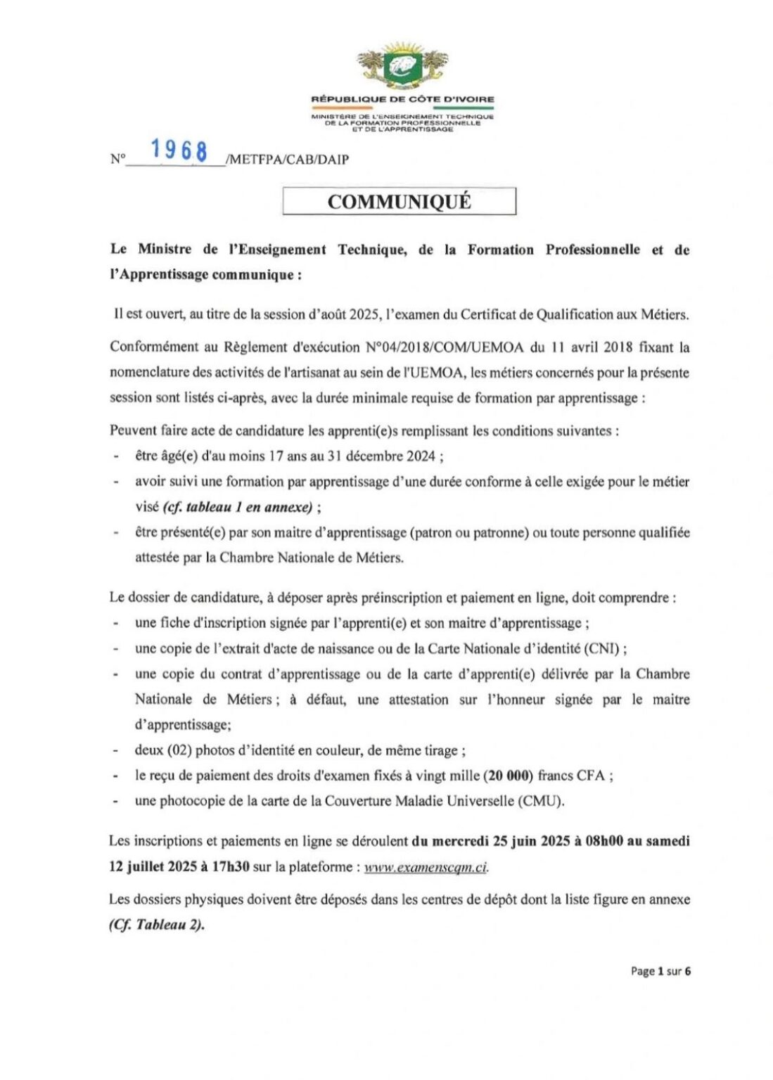 Côte d'Ivoire / METFPA : Examen de Certificat de Qualification aux Métiers (CQM) , ouverture des ...