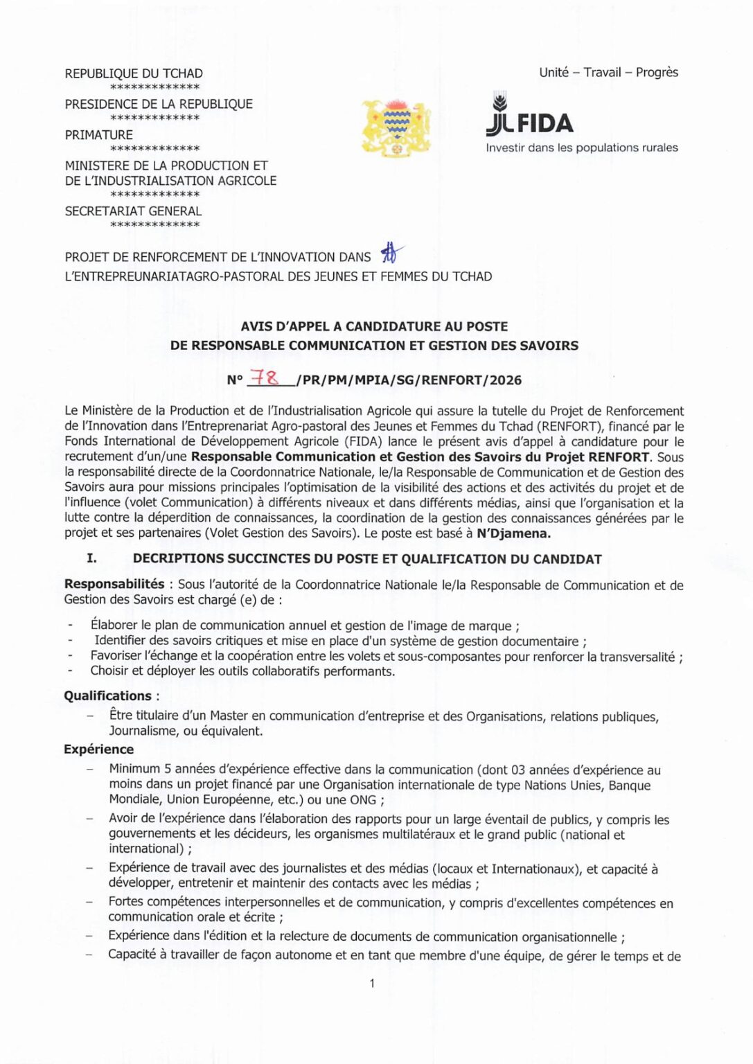 Offre d'emploi au Fonds International de Développement Agricole (FIDA ...